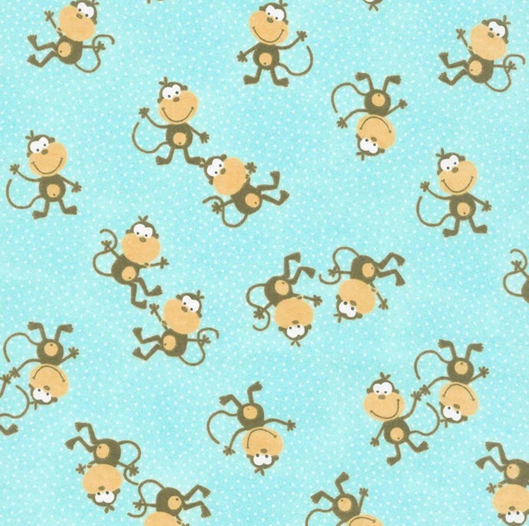 Playful Brown Monkeys on Turquoise Blue Comfy Cotton FLANNEL Fabric by ...