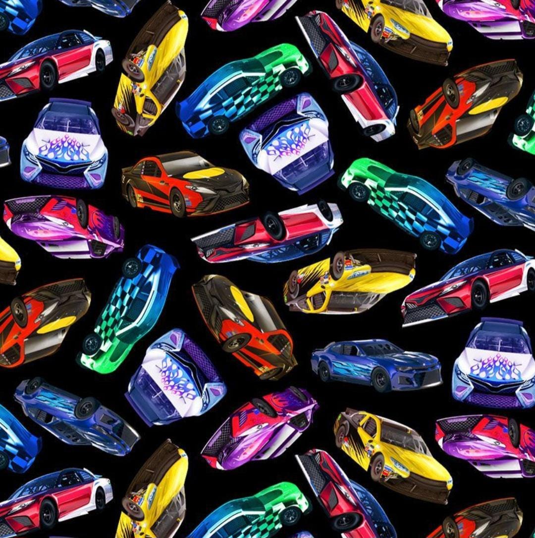 Timeless Treasures Thrill Seeker Race Cars on Black Cotton Quilt Fabric ...