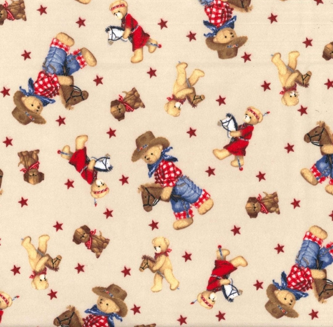 Rodeo Cowboy Teddy Bears on Cream Comfy Cotton FLANNEL Fabric by Fabric ...