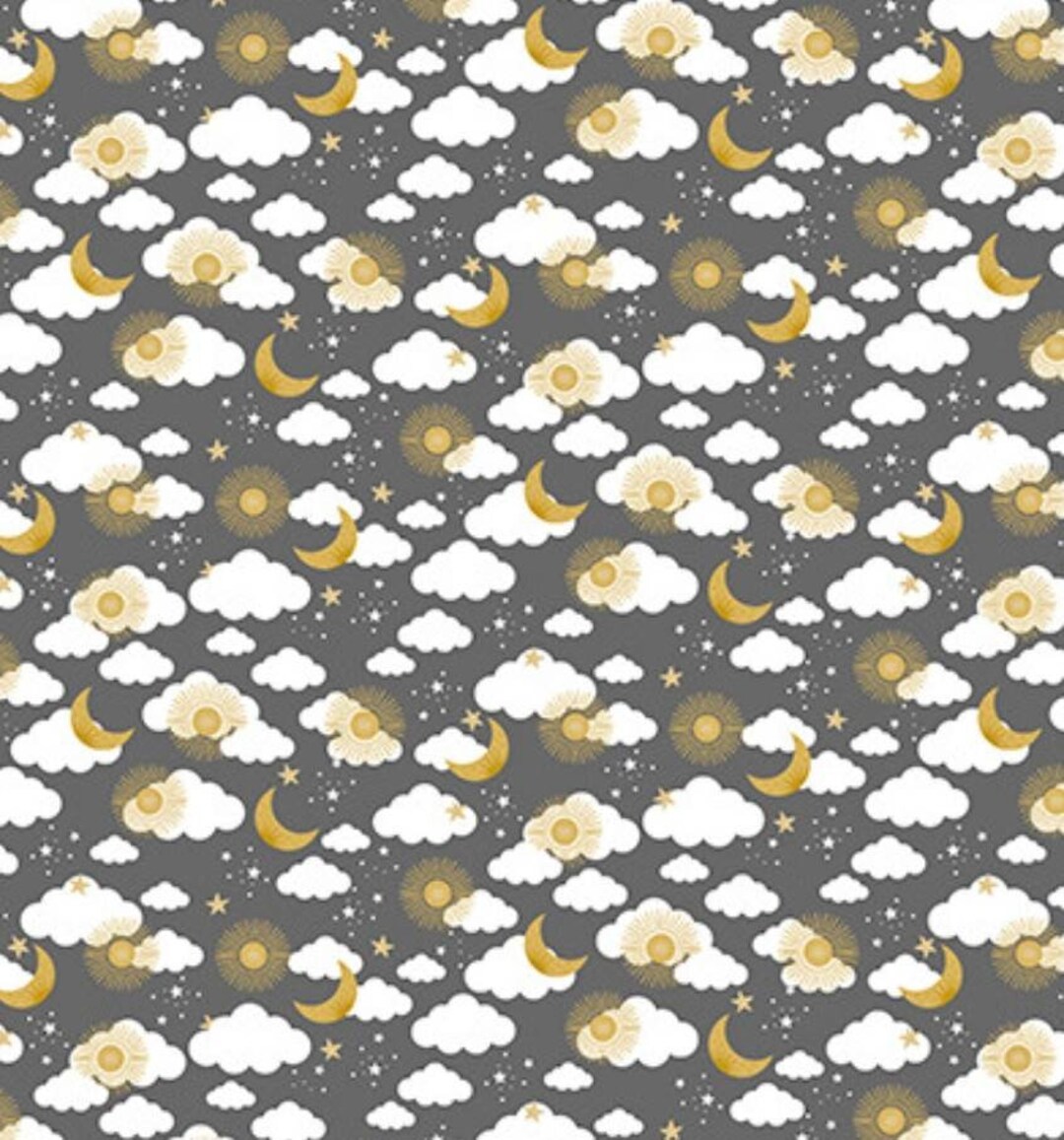 Stay Wild Moon Child Clouds, Suns, Moons, and Stars on Dark Gray Cotton ...