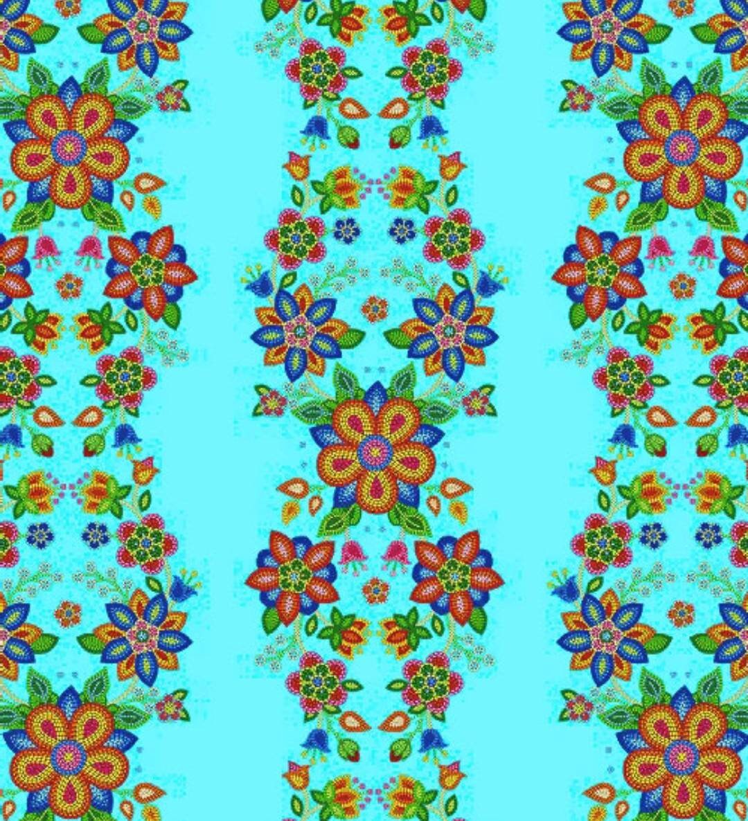 Elizabeth Studio Tucson Flower Stripe Cotton Quilt Fabric on Turquoise ...