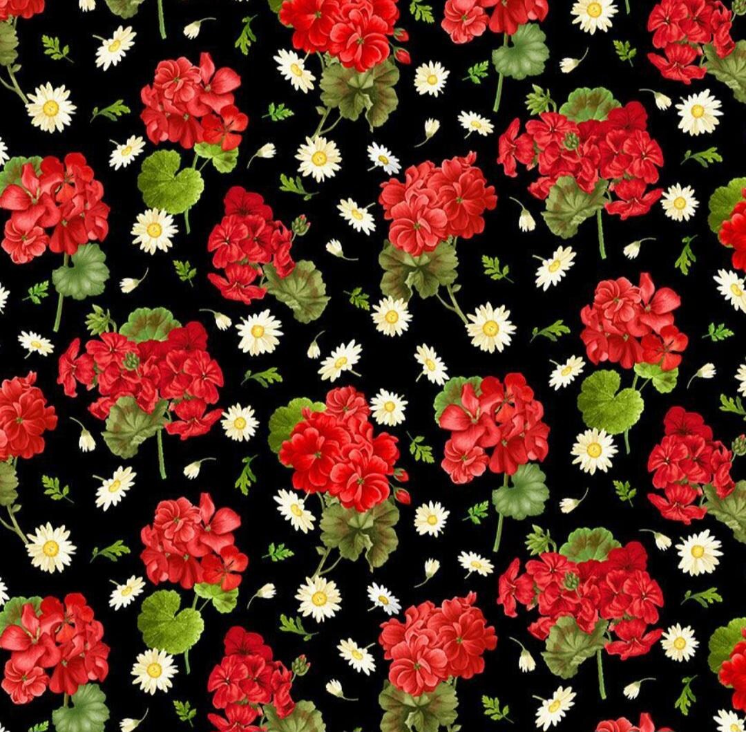 Scarlet Beauty by Timeless Treasures Small Red Geraniums and Daisies on ...