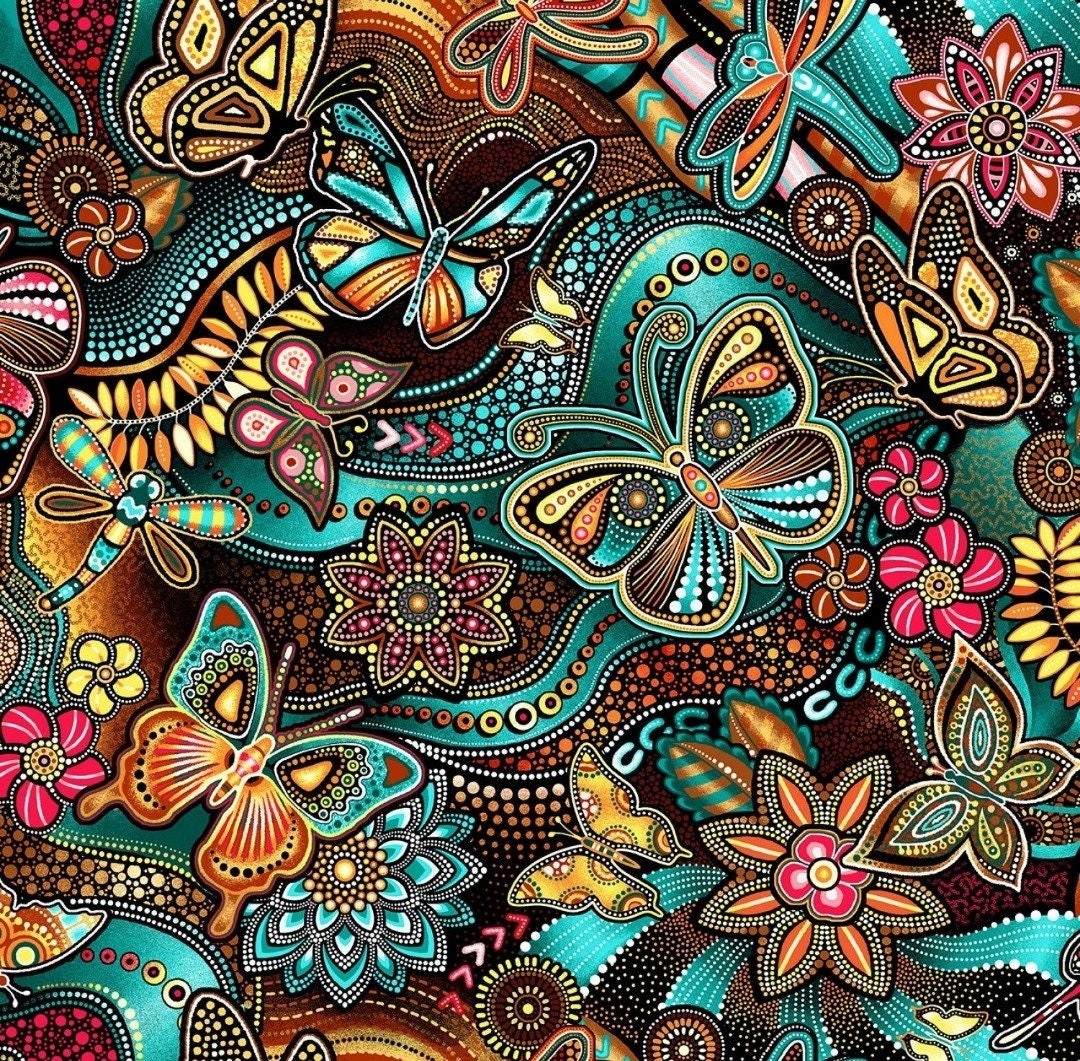 Pannotia by Oasis Fabrics Teal, Pink, and Yellow Floral Butterfly ...