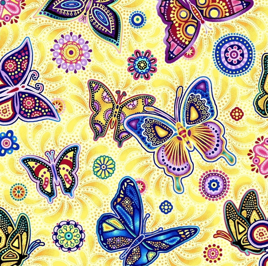 Pannotia by Oasis Fabrics Blue, Yellow, and Red Butterfly and Flower ...