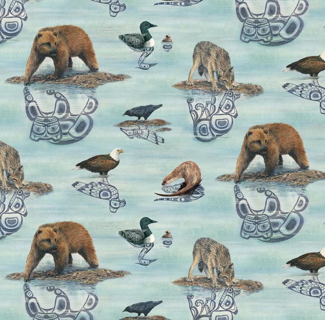 Elizabeth Studio Native Reflections Wildlife Scenes on Aqua Cotton ...