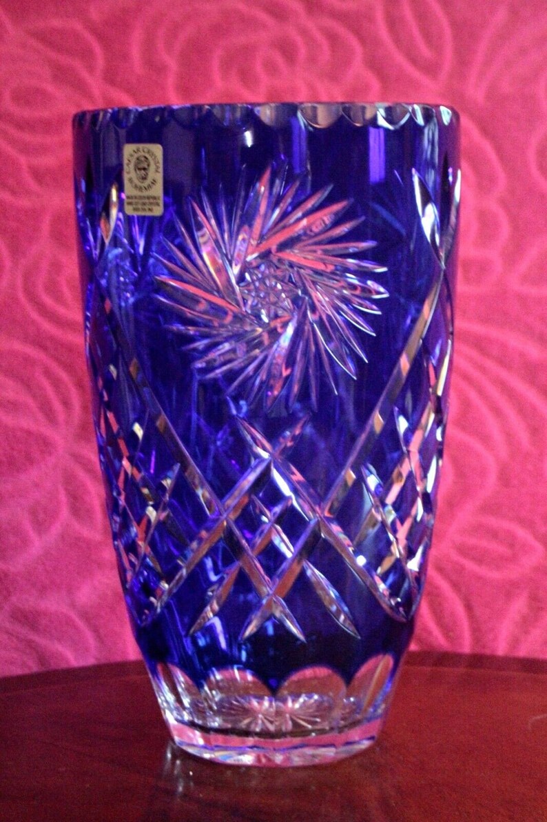 CAESAR CRYSTAL Bohemiae 10 Cobalt Blue Vase Czech Rep Hand Cut Lead ...
