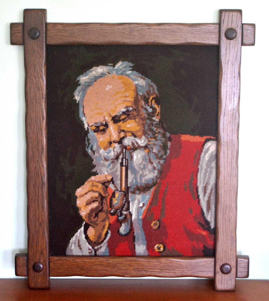 Vintage German Old Man With Pipe Needle Point in Solid Wood Frame - Etsy