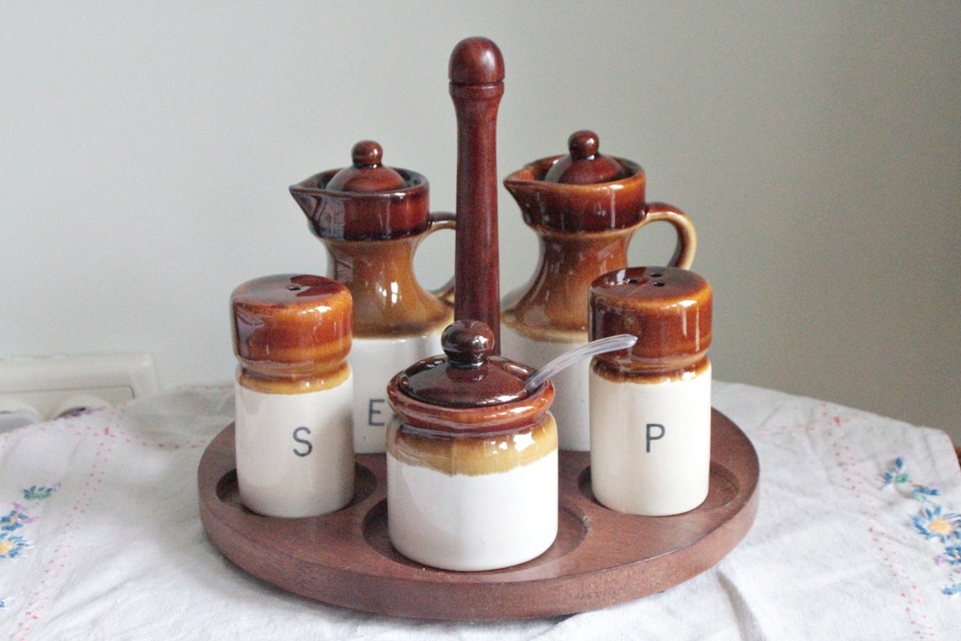 Vintage Mid Century Ceramic Cruet Set: Vinegar, Oil, Salt & Pepper With ...