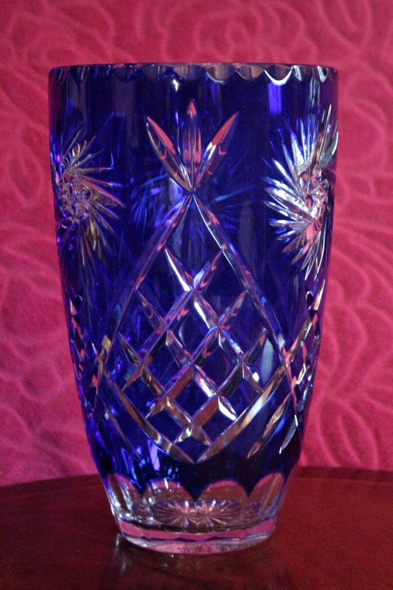 CAESAR CRYSTAL Bohemiae 10 Cobalt Blue Vase Czech Rep Hand Cut Lead ...