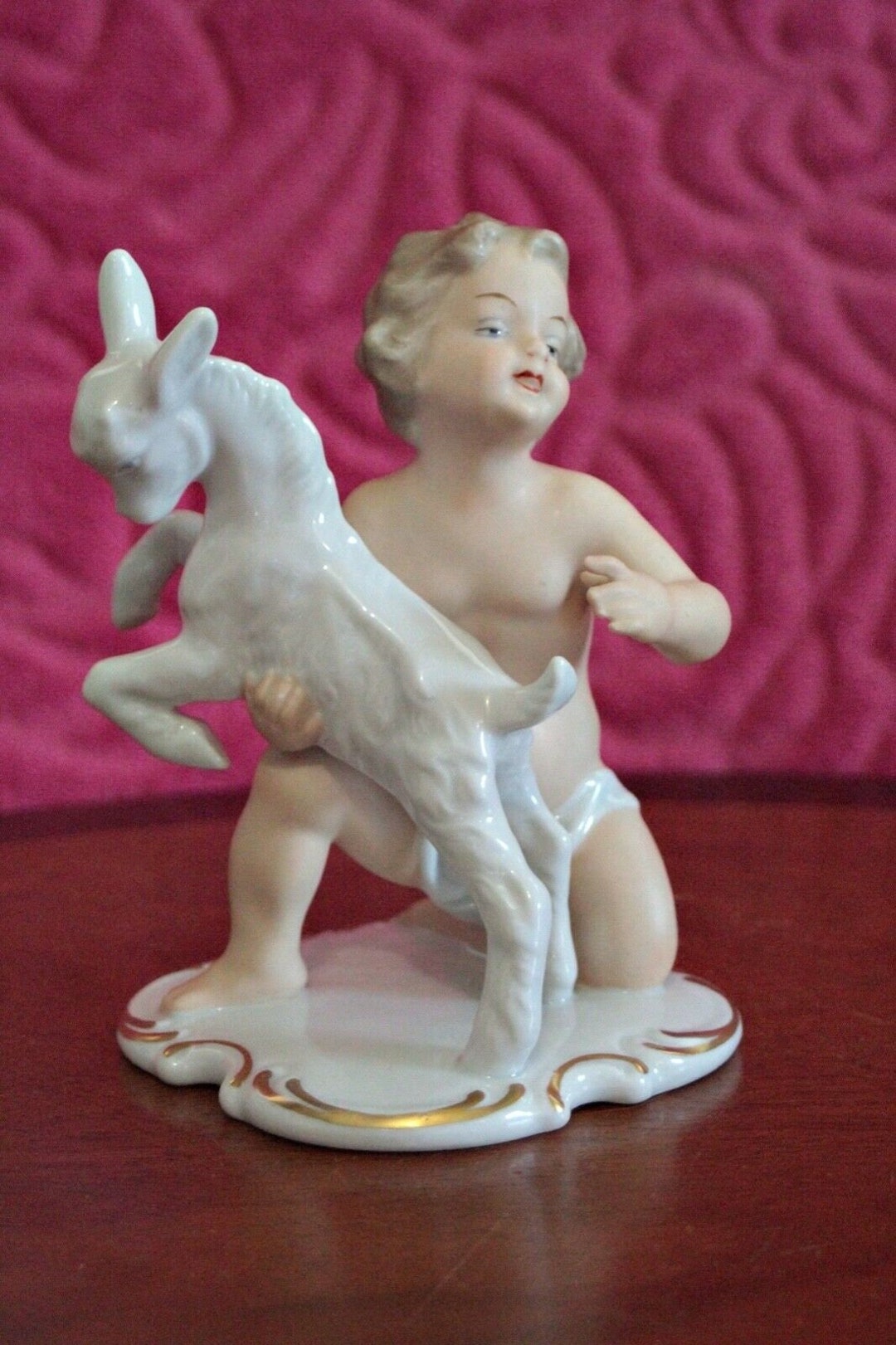 Vintage WALLENDORF German Porcelain Figurine, Kneeling Cherub With Goat ...