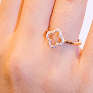 Rose Gold Lucky Love Ring, Flower Diamond Engagement Ring, Lucky Clover Diamond Ring, Floral ...