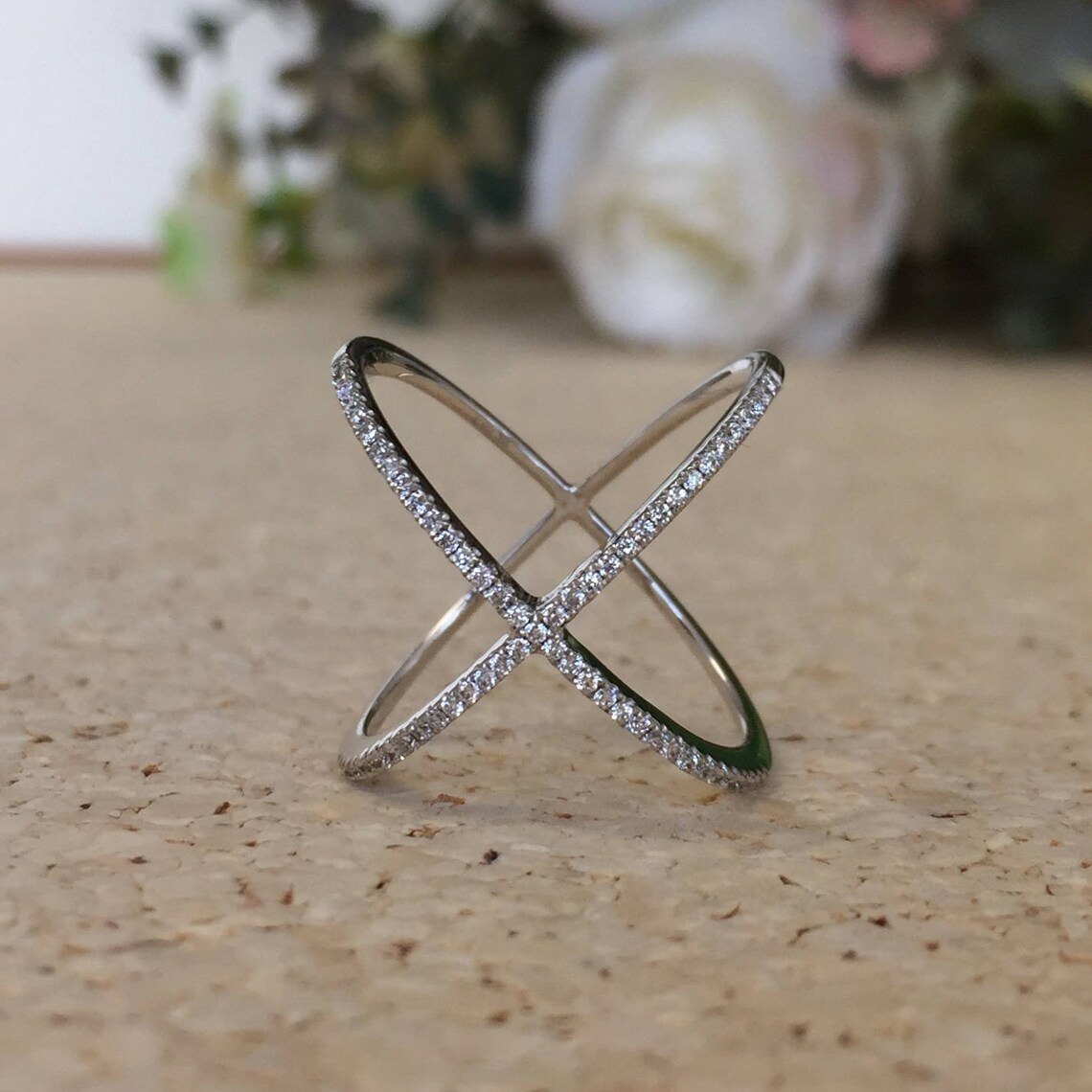 X Diamond Ring White Gold Diamond Ring Modern Ring Crossing | Etsy