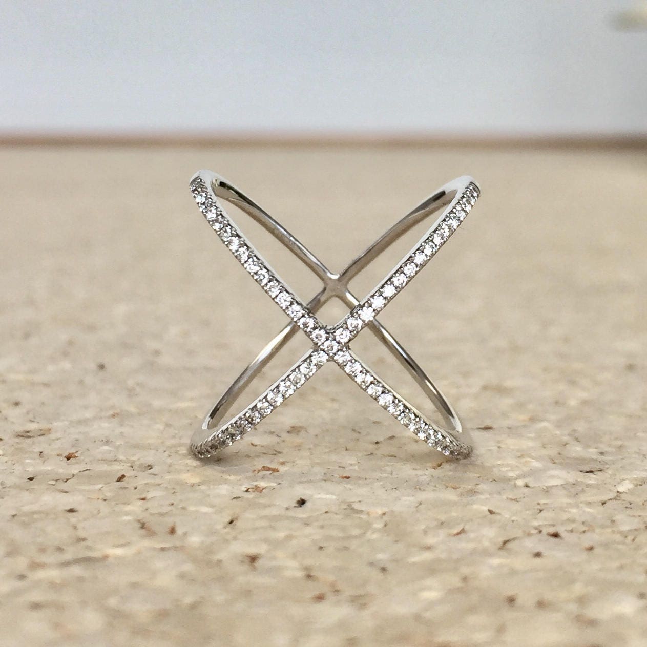 X Diamond Ring White Gold Diamond Ring Modern Ring Crossing | Etsy