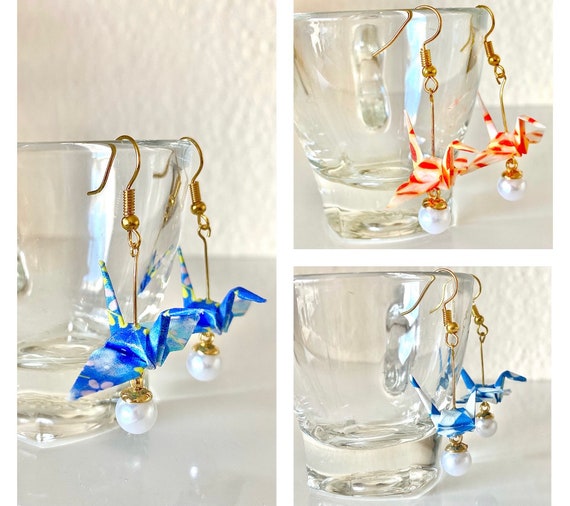 Elegant Orizuru Origami Hook Earring With Pearl | Etsy