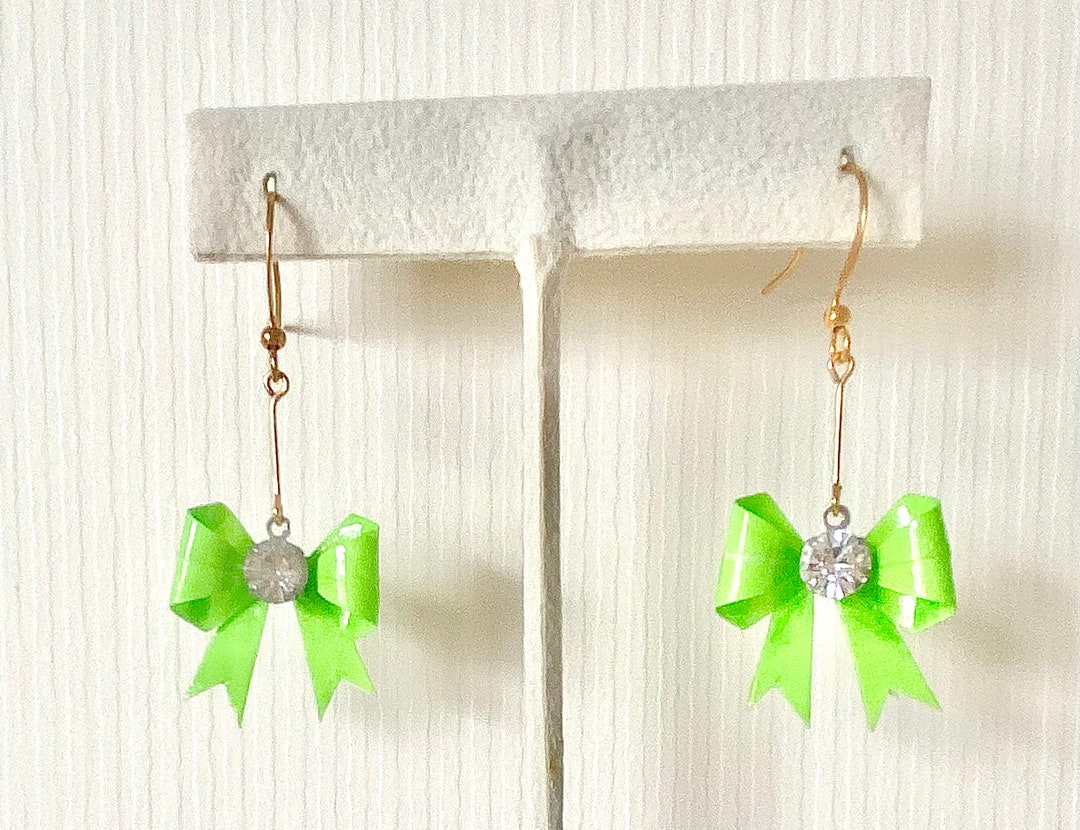 Rhinestone Ribbon Bow Origami Hook Earrings Yellow Green - Etsy Israel