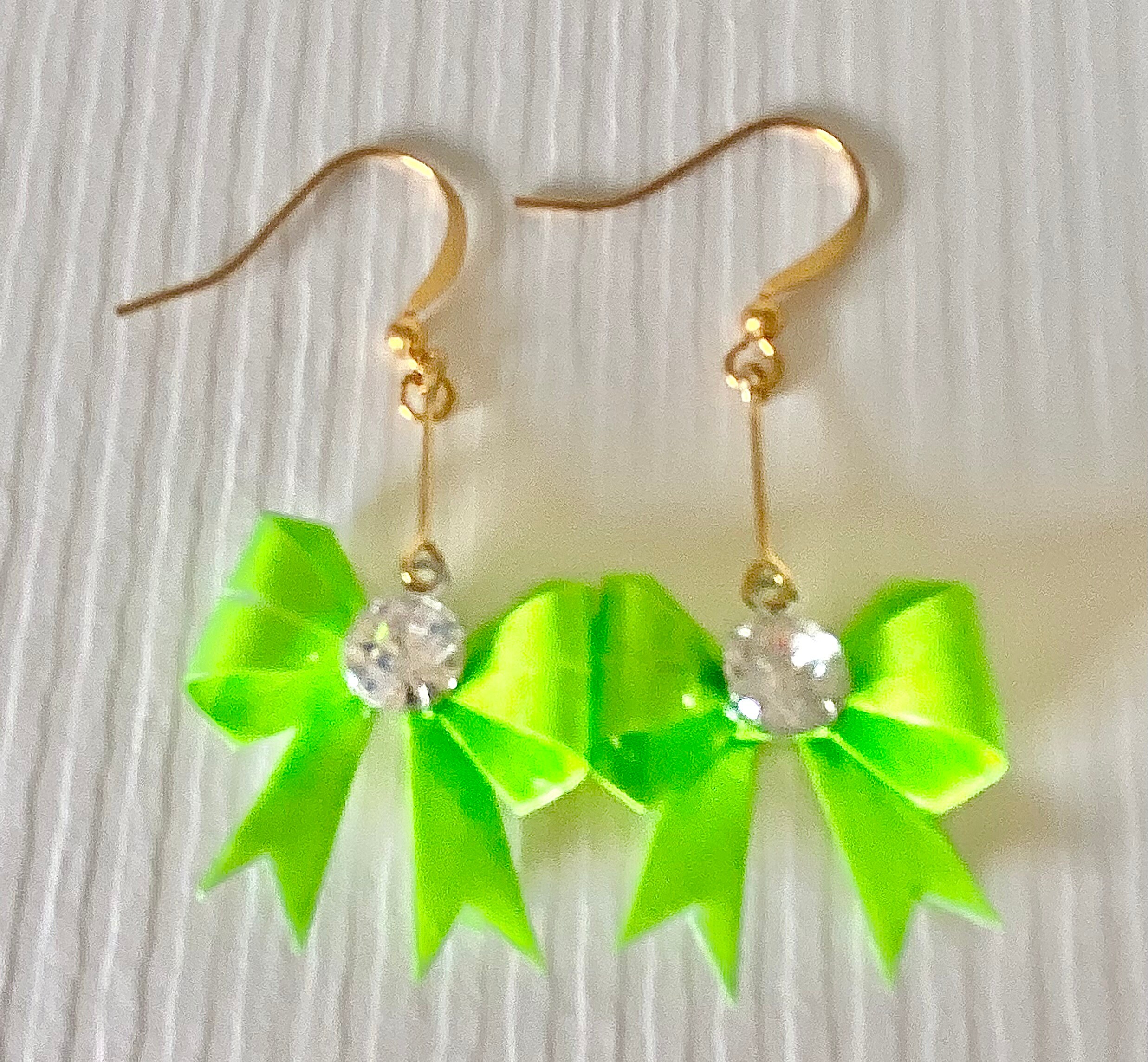 Rhinestone Ribbon Bow Origami Hook Earrings Yellow Green - Etsy Israel
