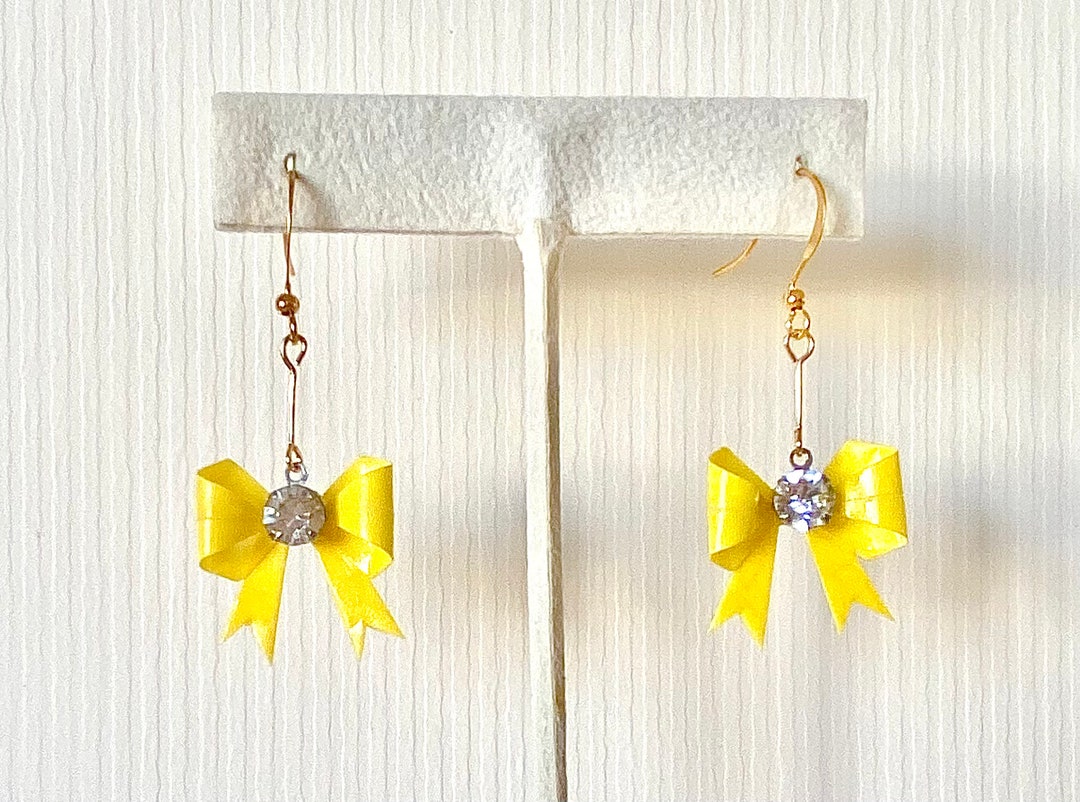 Rhinestone Ribbon Bow Origami Hook Earrings Lemon - Etsy UK