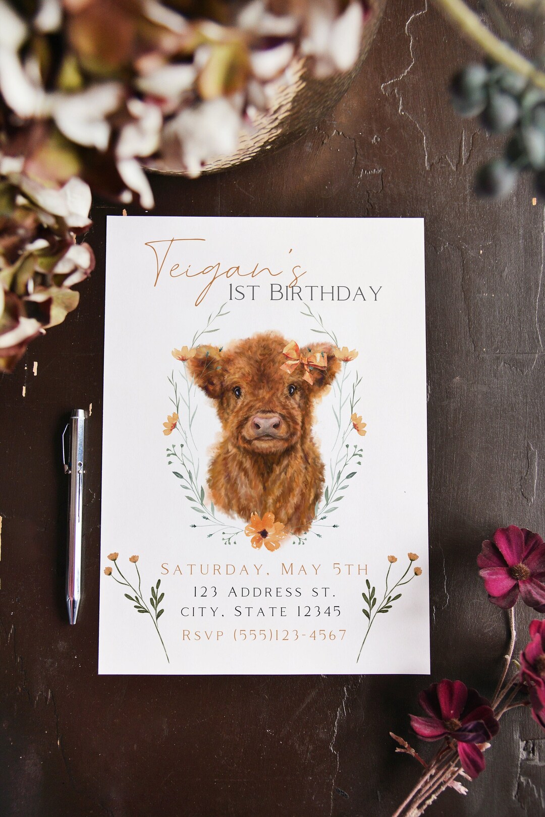 Highland Cow Digital Birthday Invitation, Invite Template, Instant ...