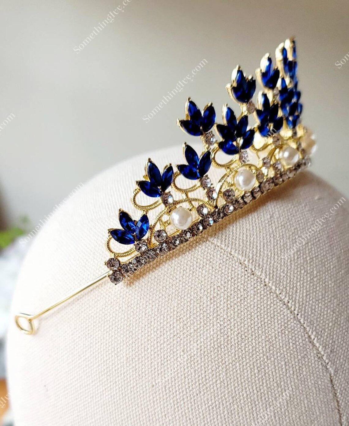 Fast Ship - 2" Blue & Gold Tiara With Sapphire Blue Stones and Pearls ...