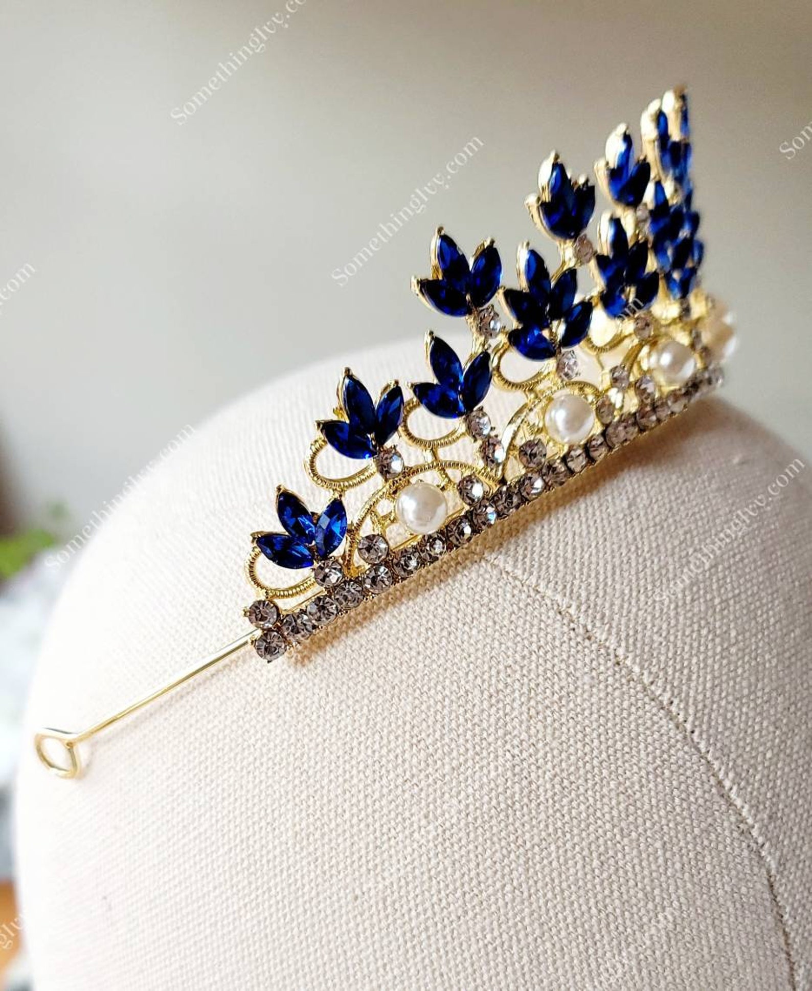 Fast Ship - 2" Blue & Gold Tiara With Sapphire Blue Stones and Pearls ...