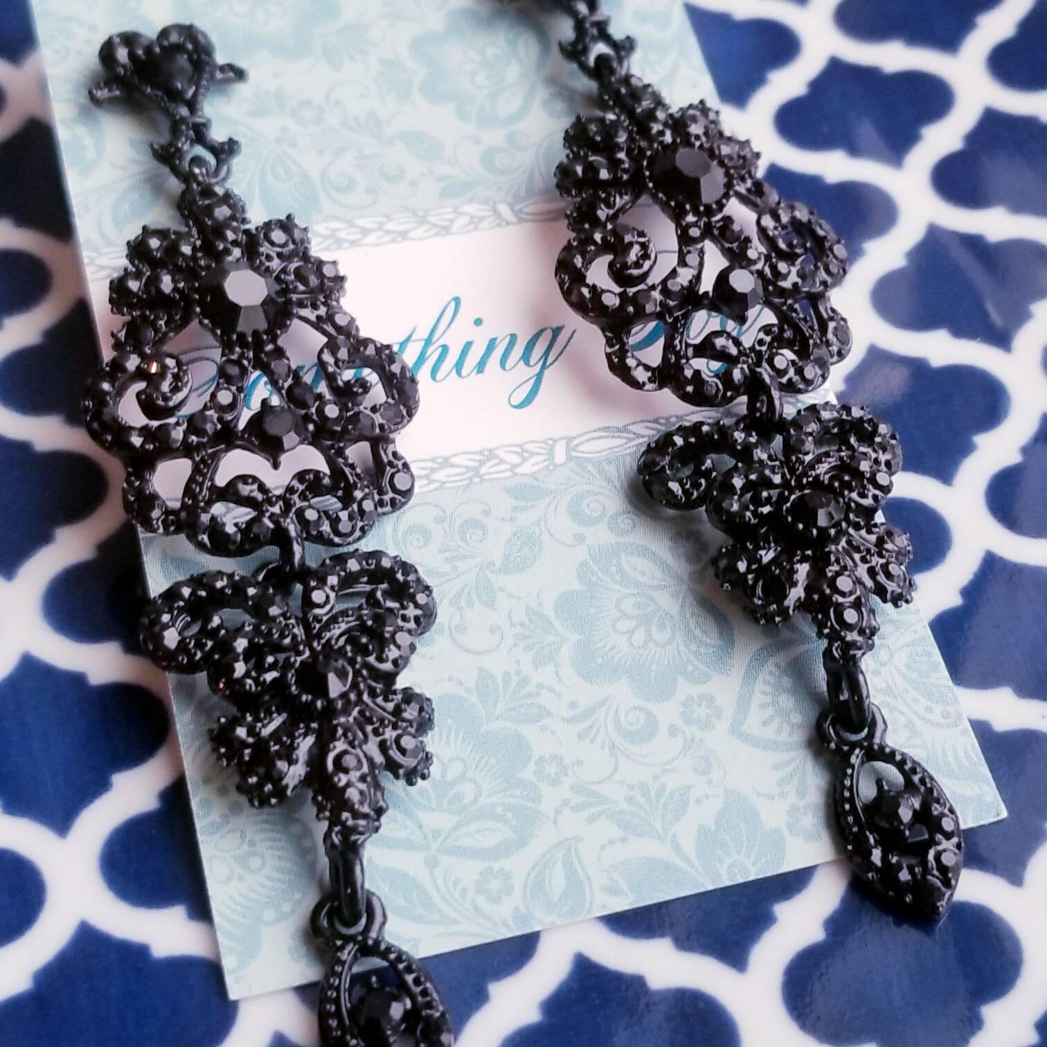 3 Black Drop Earrings Black Chandelier Earrings - Etsy