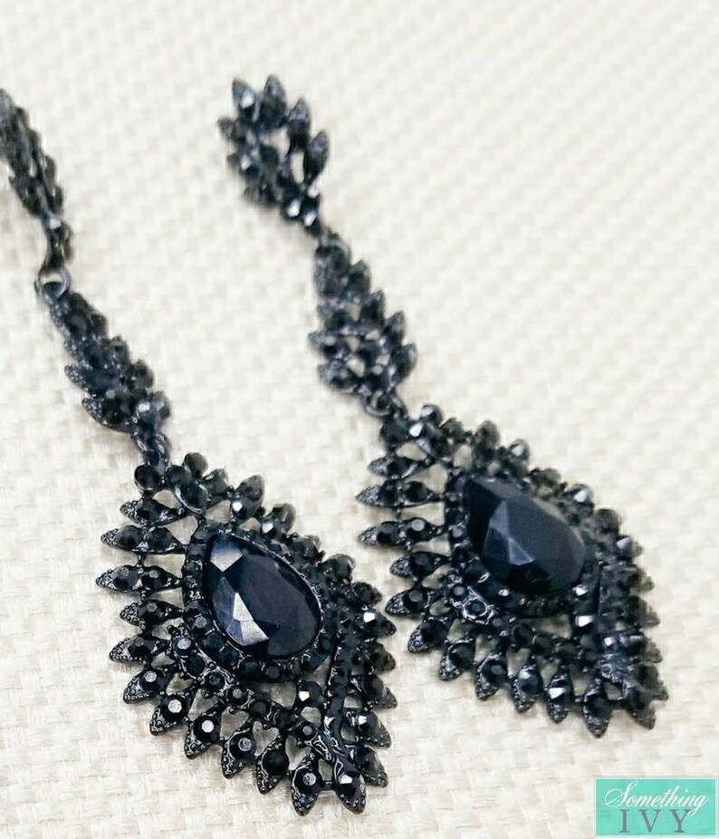 3" - Black Drop Earrings - Black Chandelier Earrings - Black Rhinestone ...