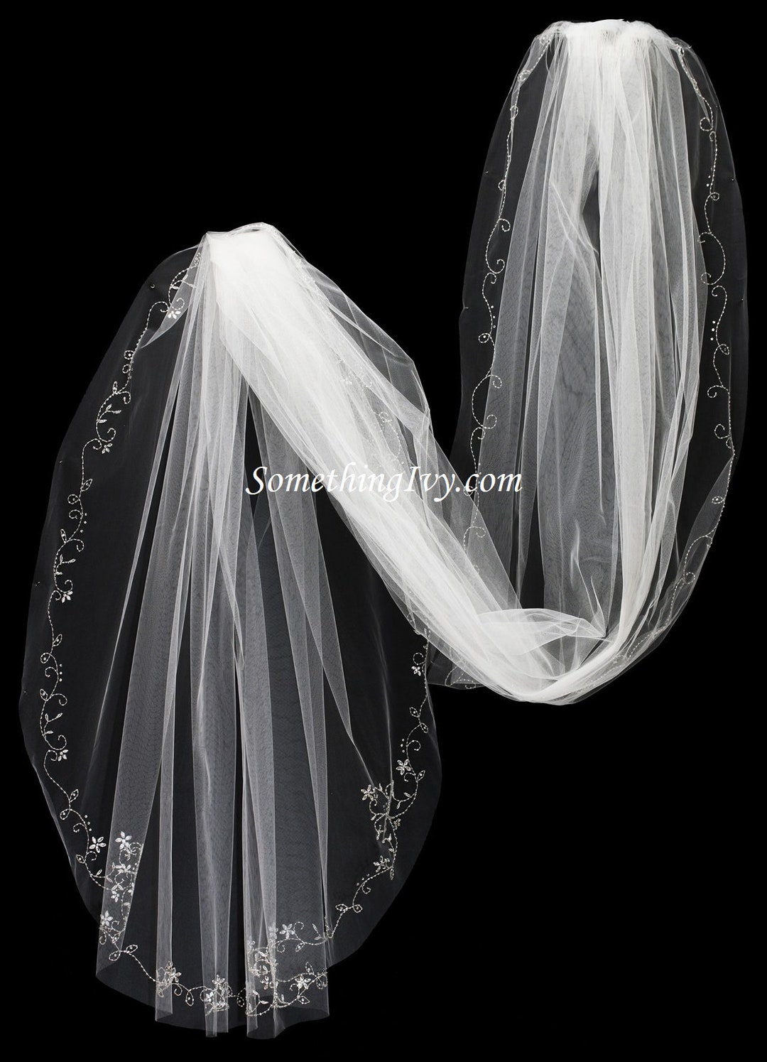 Fast Ship - 110" Long - Ivory Cathedral Veil With a Floral Rhinestone ...