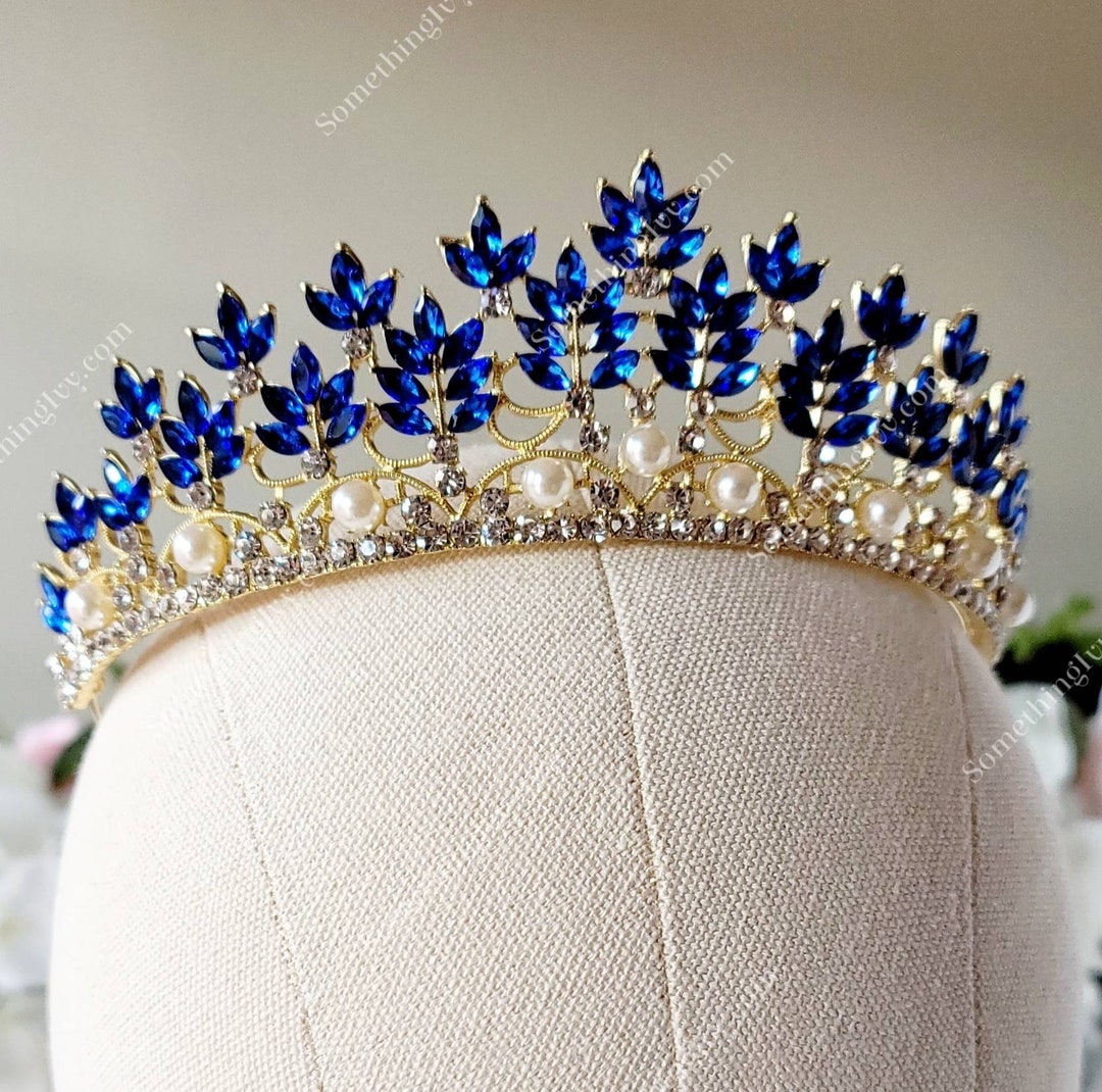 Fast Ship - 2" Blue & Gold Tiara With Sapphire Blue Stones and Pearls ...