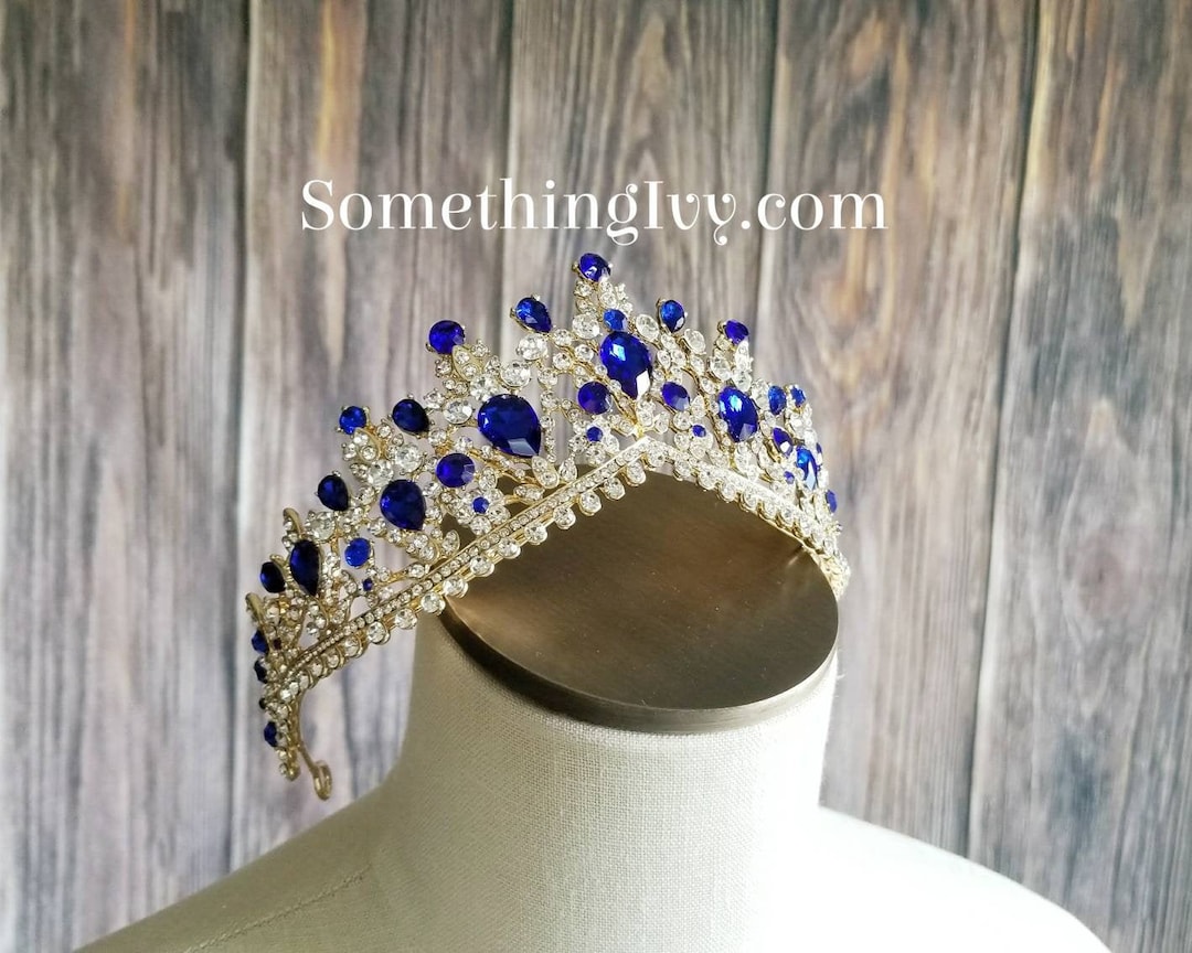 Fast Ship - 2.5" Blue & Gold Tiara With Sapphire Blue Stones - Gold ...