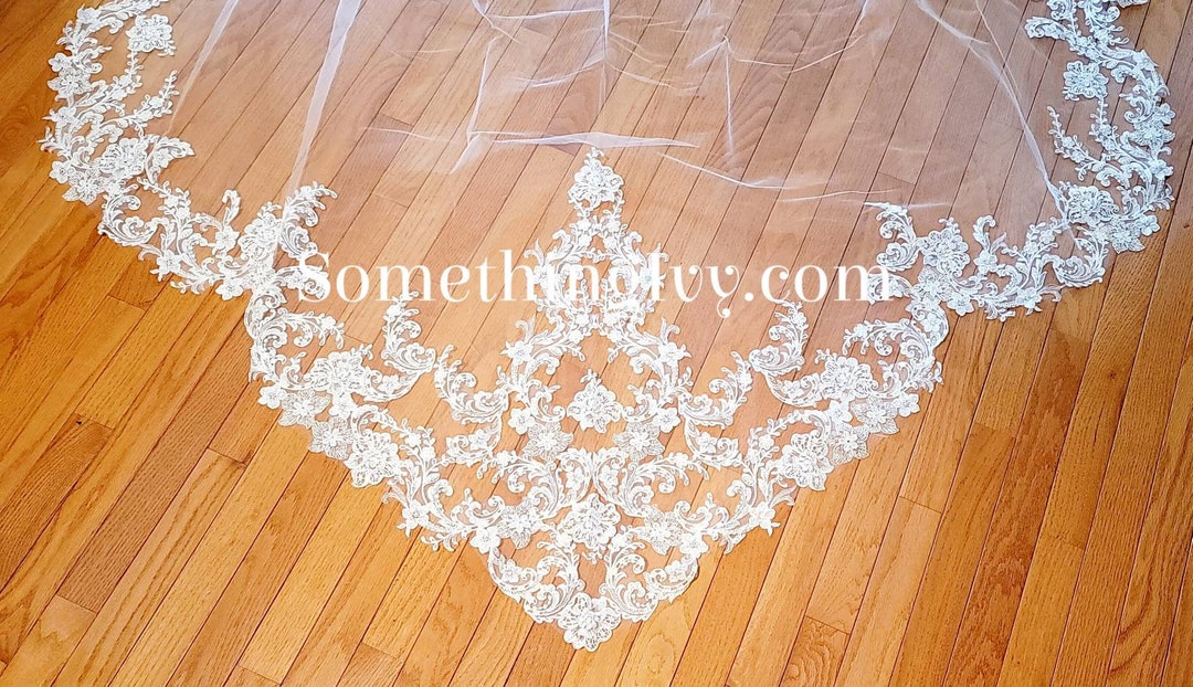 120" Cathedral Alencon Beaded Lace Ivory Wedding Veil - Long Veils ...