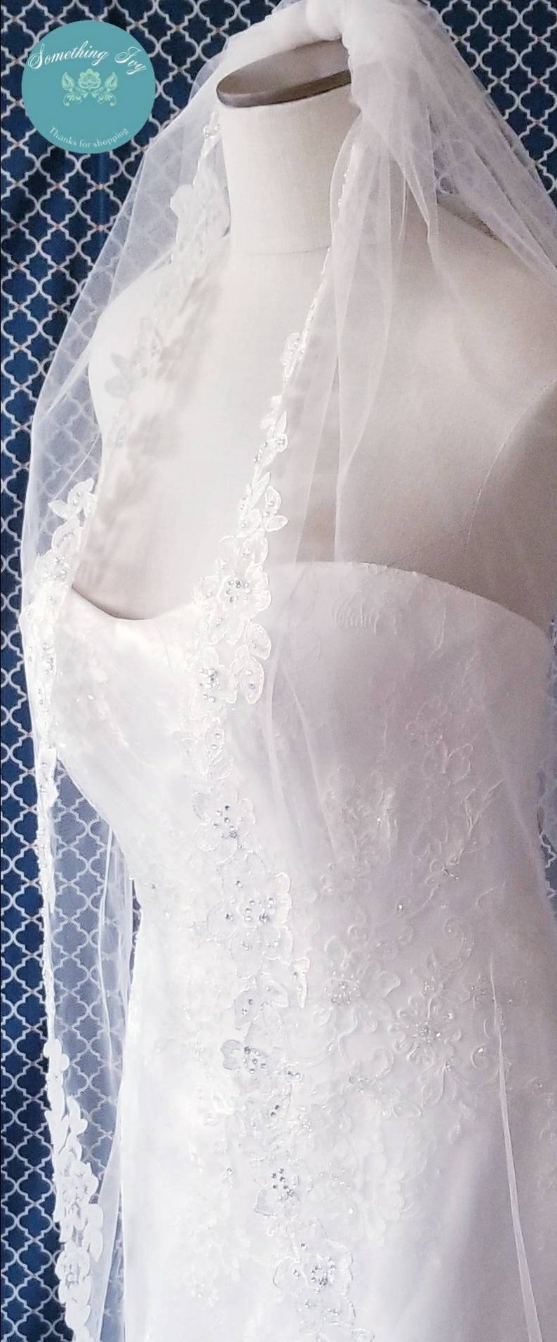 108" - Cathedral English Tulle Beaded Lace Wedding Veil - Long Veils ...