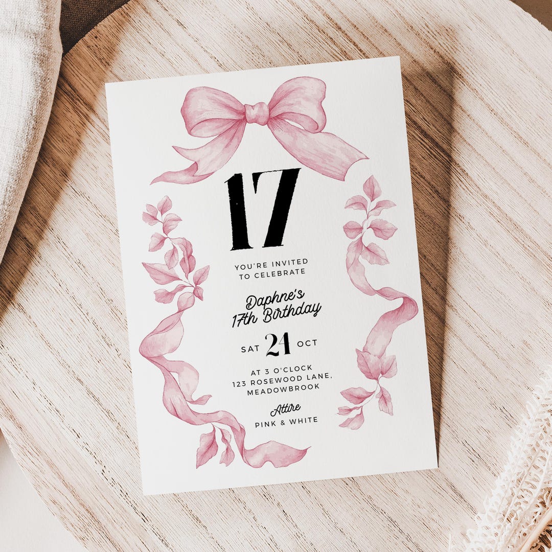 17th Birthday Coquette Birthday Invitation, for Teenage Girl, Editable ...