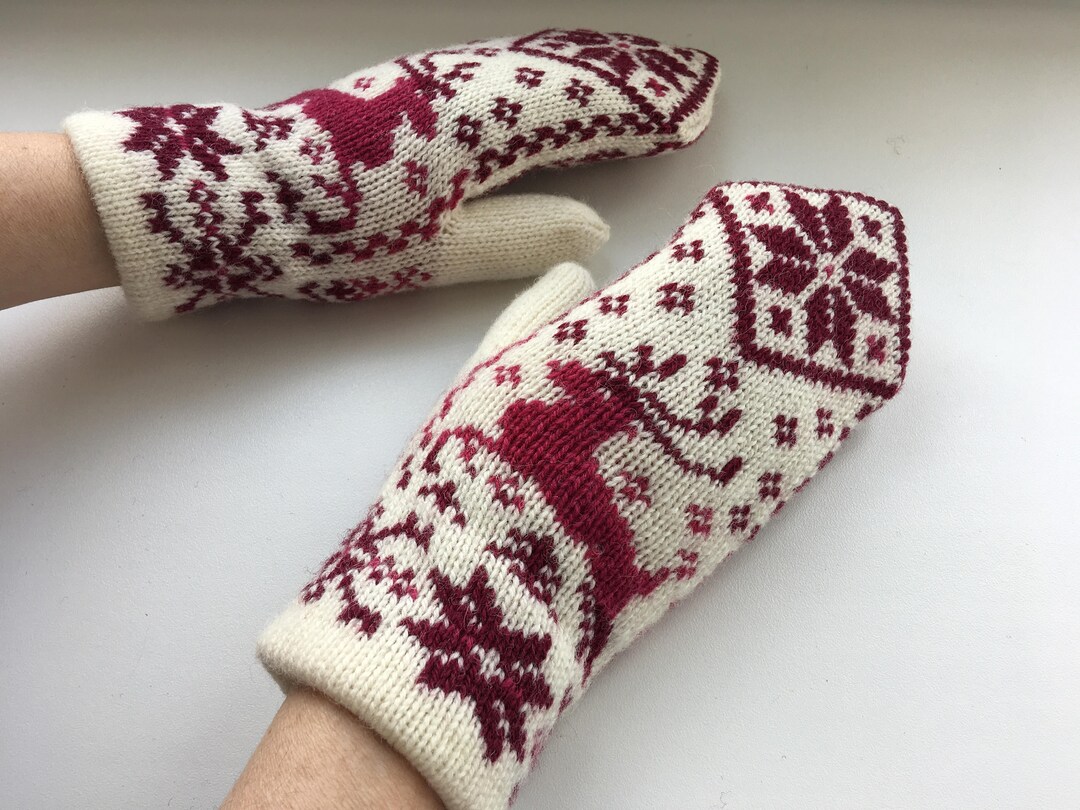 White Wool Double Mittens – Women’s Warm Knitted Winter Mittens With ...