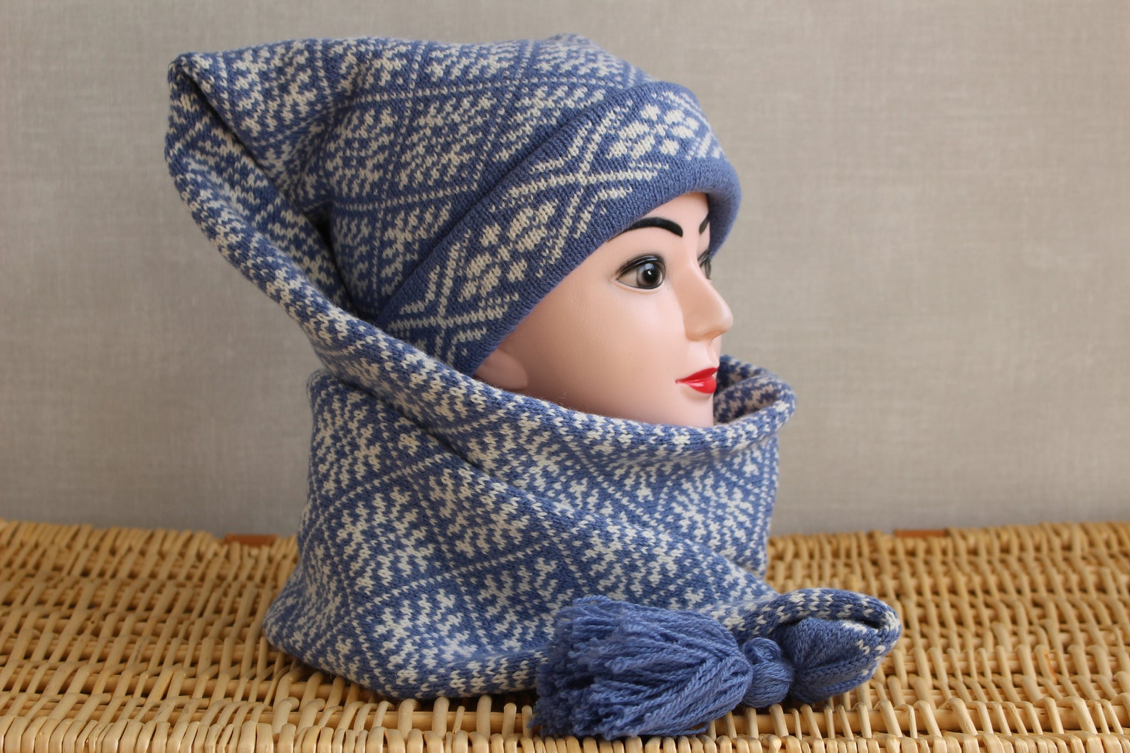 Norwegian knit scarf hat Wool knit scarf hat Snowflakes | Etsy