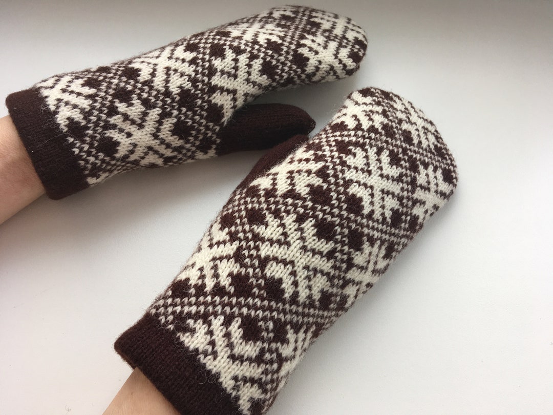Brown and White Norwegian Wool Mittens – Women’s Double Knit Winter ...