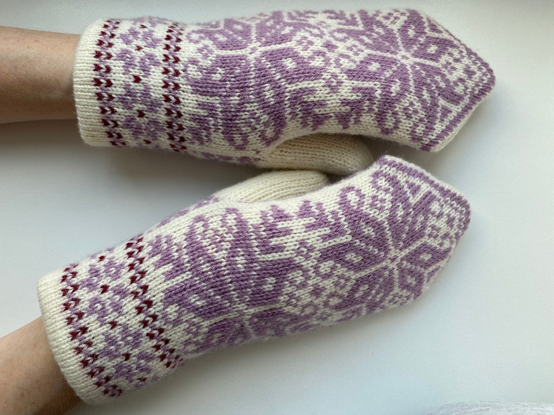 Nordic White Wool Mittens – Knitted Double Winter Mittens With Purple ...