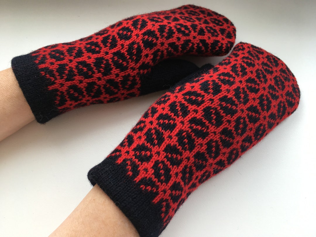 Red Double Knit Mittens, Christmas Wool Mittens, Norwegian Double ...