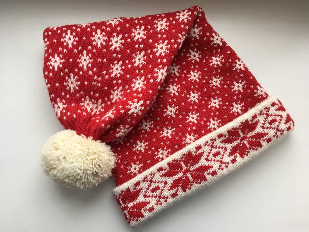 Santa Red Wool Hat, Christmas Knit Hat, Snowflake Wool Red Hat, Extra ...