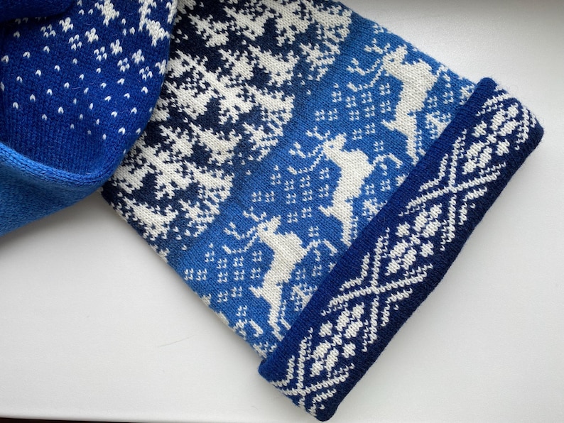 Blue Wool Scarf Hat, Norwegian Knit Scarf Hat, Winter Long Stocking Cap ...