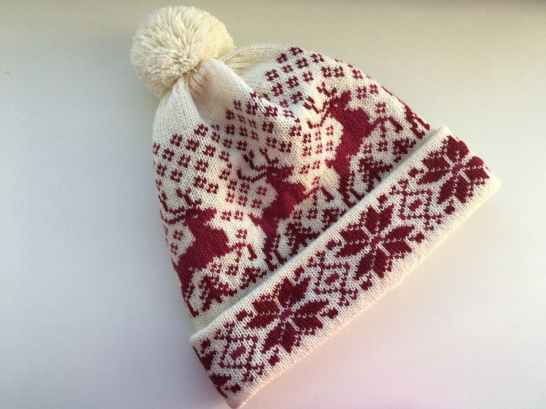 Norwegian Wool Hat: Red Deer & Snowflake Knit Winter Beanie - Etsy