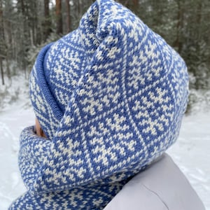 Norwegian Knit Scarf Hat, Wool Knit Scarf Hat, Snowflakes Scarf Hat ...