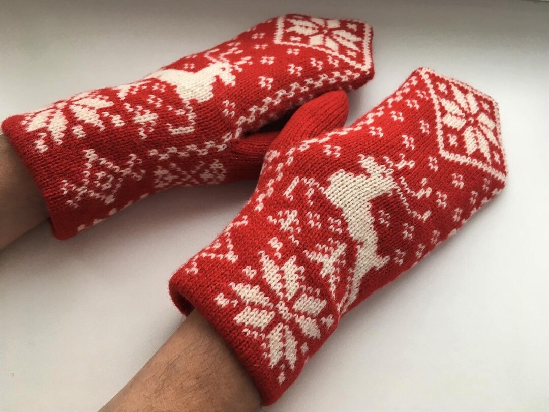 Red Wool Knit Mittens: Nordic Deer Snowflake Jacquard - Etsy