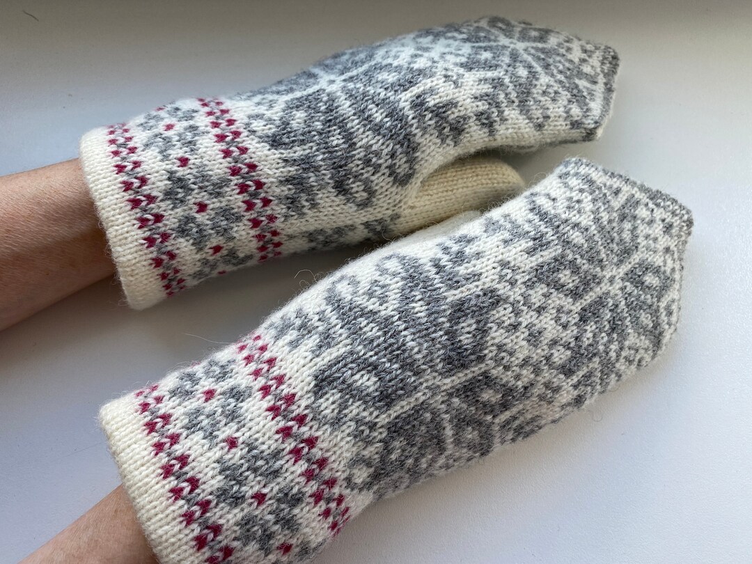 Nordic Double Knit Mittens, Snowflake Double Mittens, Estonian Grey ...