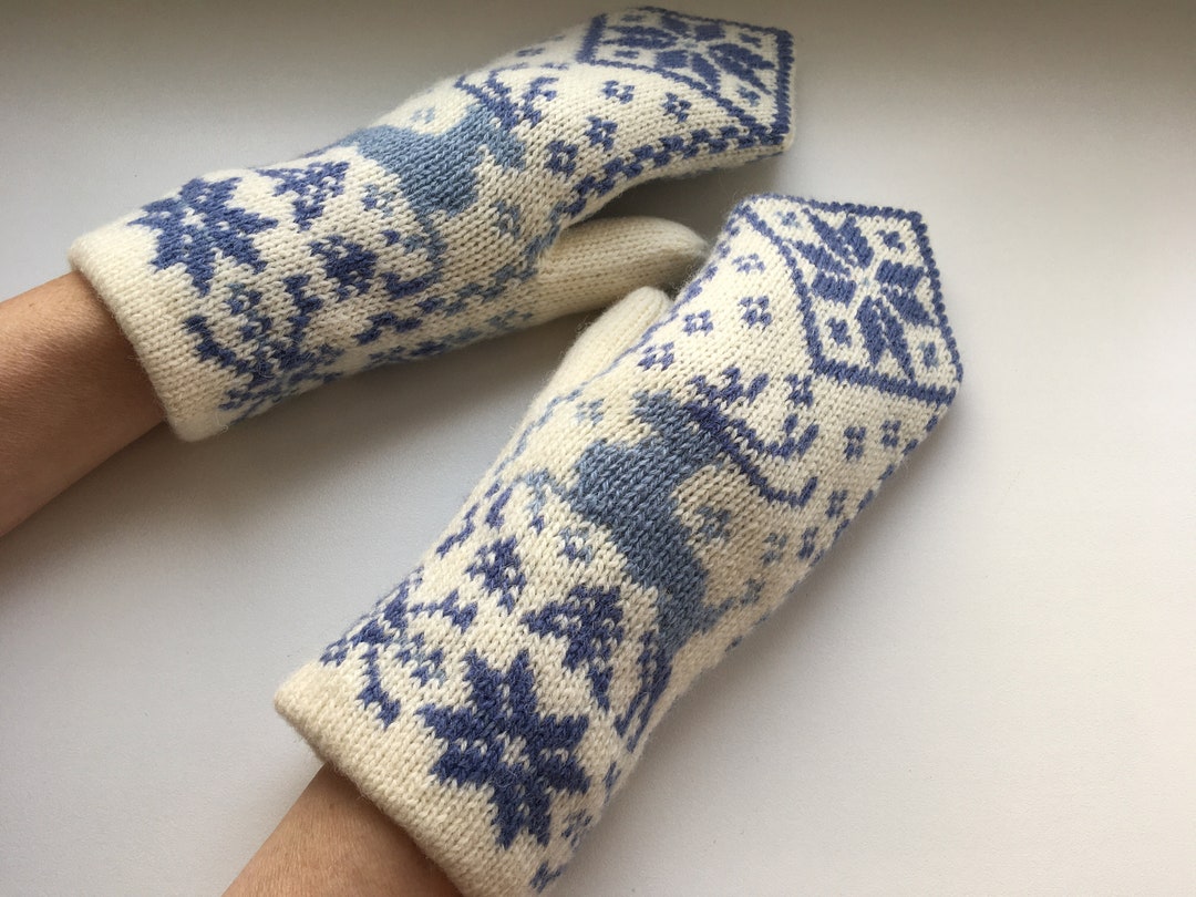 Nordic Double Knit Mittens, Blue Winter Mittens, Norwegian Wool Mittens ...
