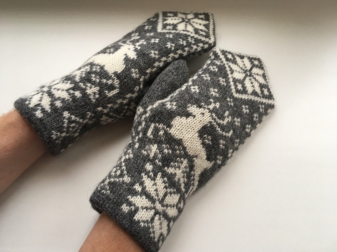 Norwegian Double Knit Mittens, Christmas Grey Wool Mittens, Winter ...