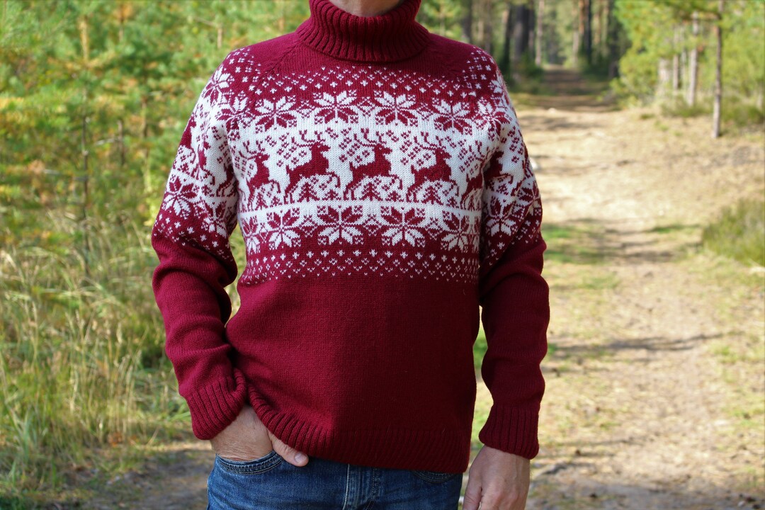 Mens Wool Christmas Sweater: Red Knit Jumper With Deer - Etsy