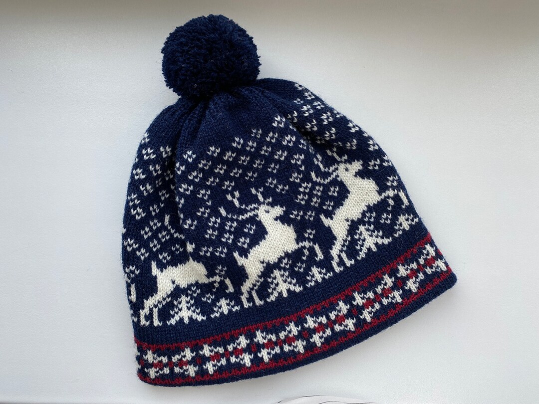 Norwegian Blue Wool Knit Lined Hat: Unisex Reindeer Nordic Winter ...