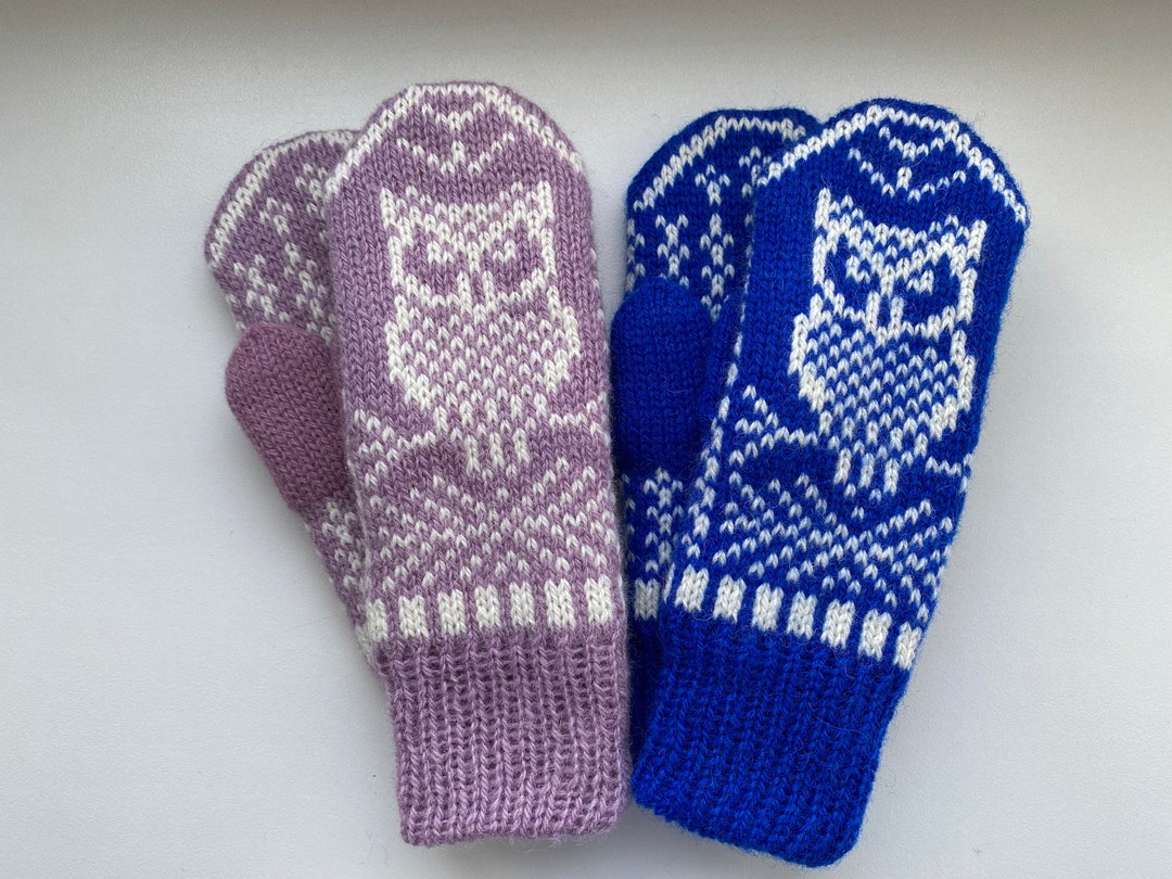 Kids Wool Double Mittens – Purple/blue and White Knitted Jacquard ...