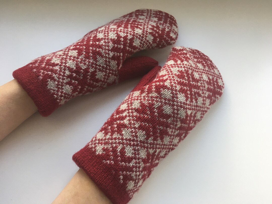 Red and Grey/beige Norwegian Wool Mittens – Women’s Double Knit Winter ...