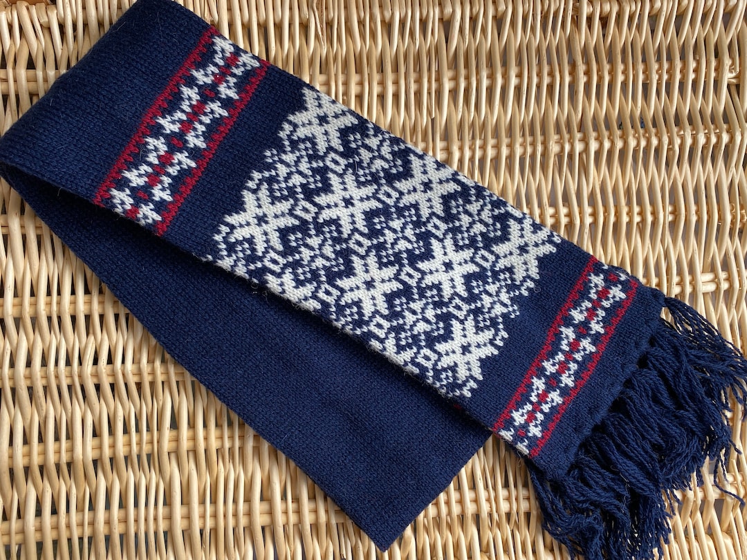 Norwegian Knit Wool Scarf: Unisex Blue Snowflakes, Winter Double Scarf ...